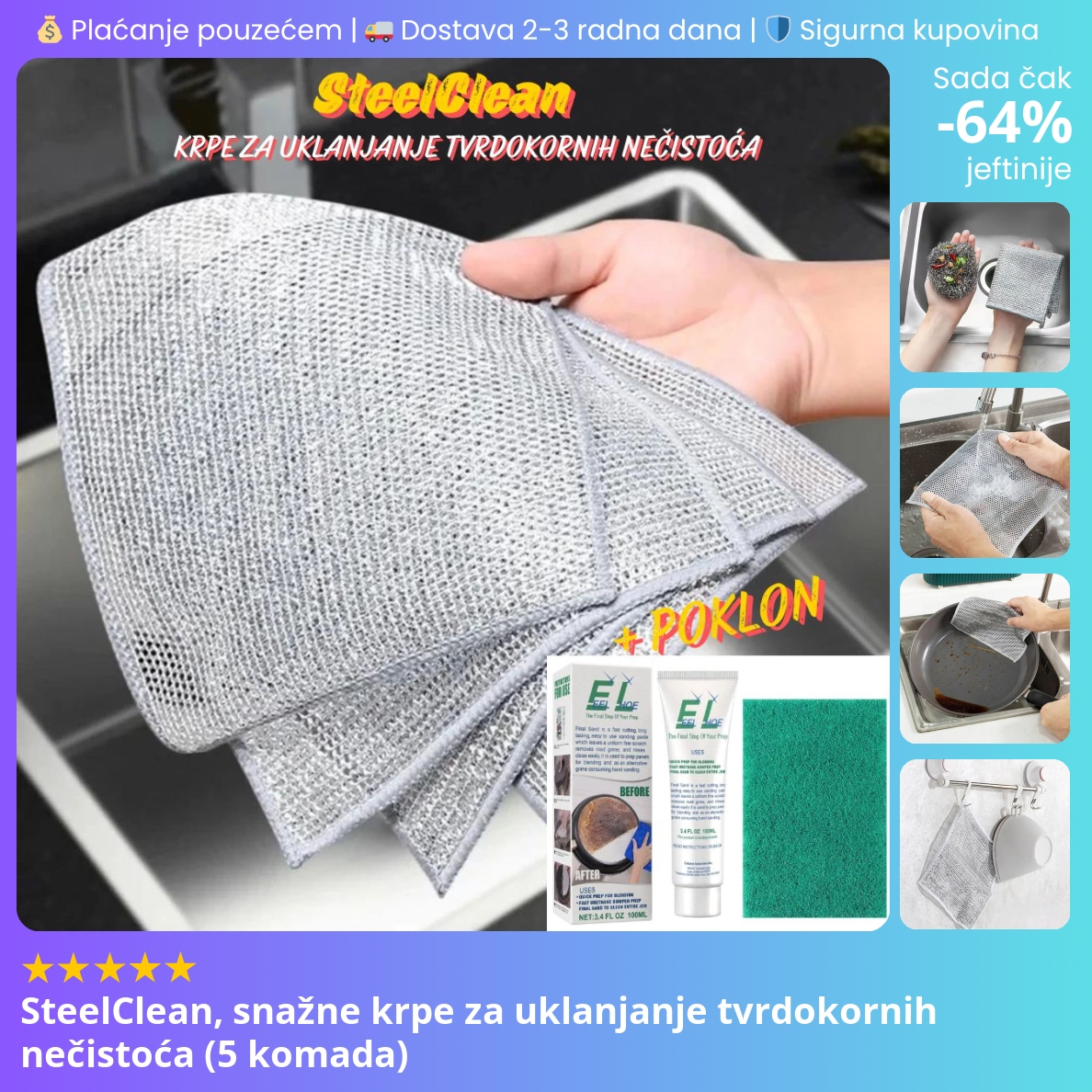 SteelClean, snažne krpe za uklanjanje tvrdokornih nečistoća (5 komada) 🎁🧼 Poklon pasta za ...